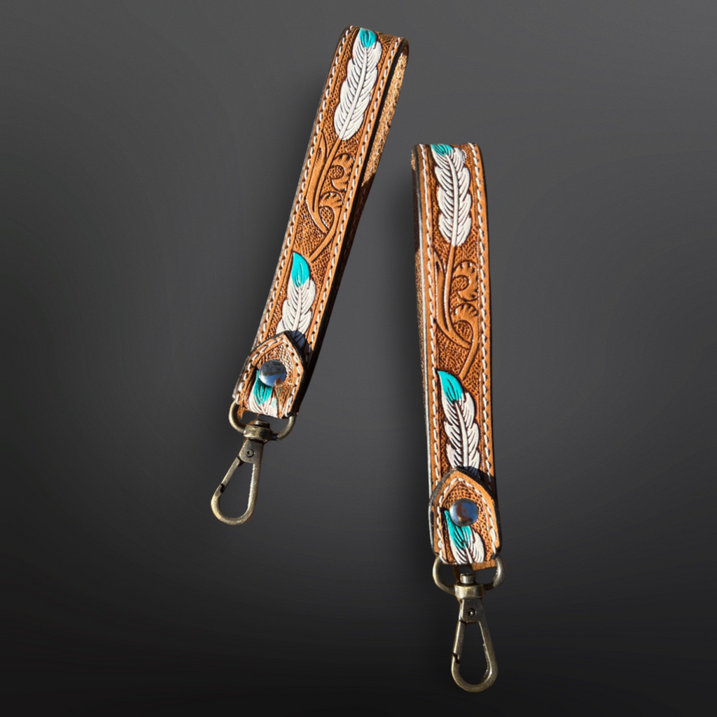 Tooled Leather Western Wrist Strap Keychain - Painted Feather ...