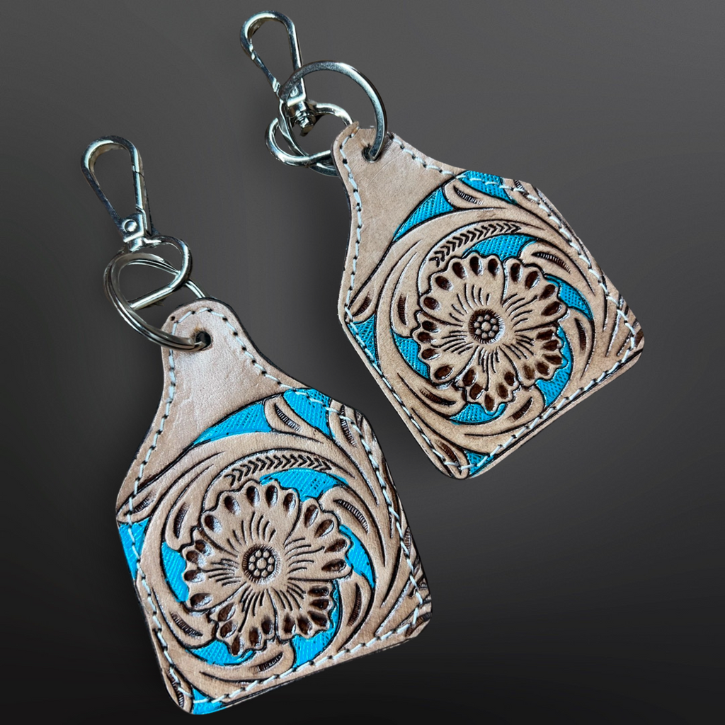 Turquoise Painted Tooled Leather Cow Ear Tag Keychain – Westrian ...